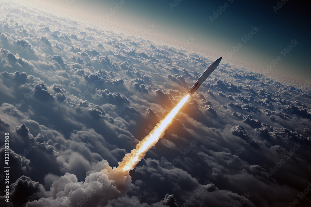 High-altitude perspective showing a rocket breaking through the clouds ...