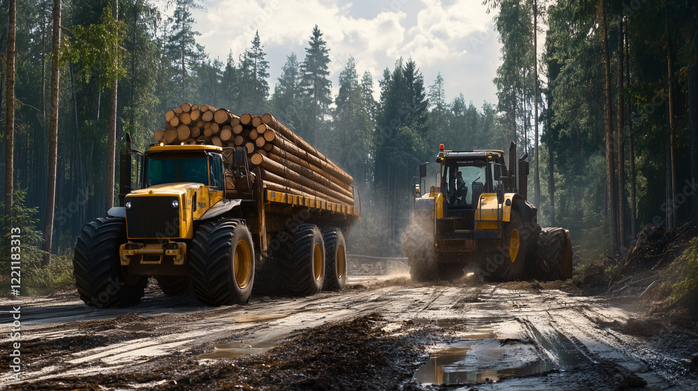 Logging truck carrying a load of timber followed by a tractor on a ...
