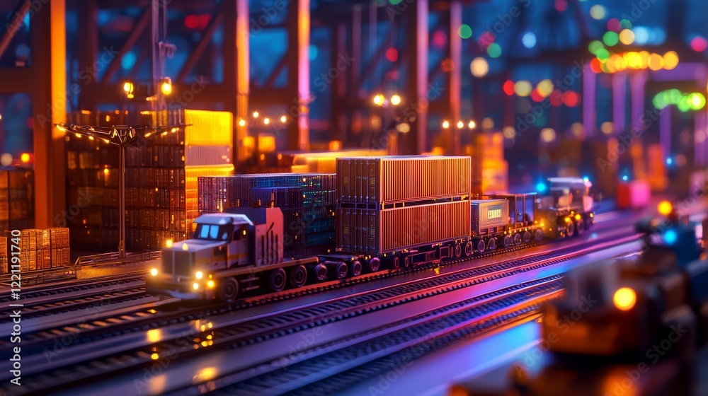 Night cargo port scene, vibrant color palette, illuminated containers ...