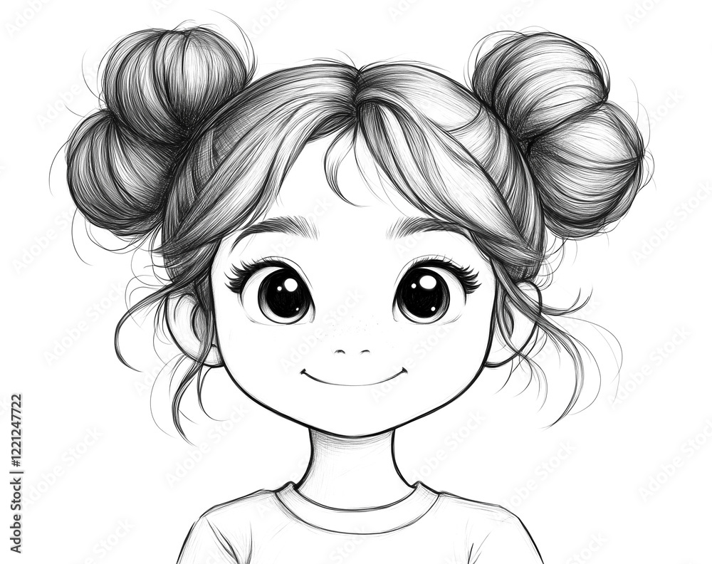 Cute manga-inspired cartoon girl with big expressive eyes, double bun ...