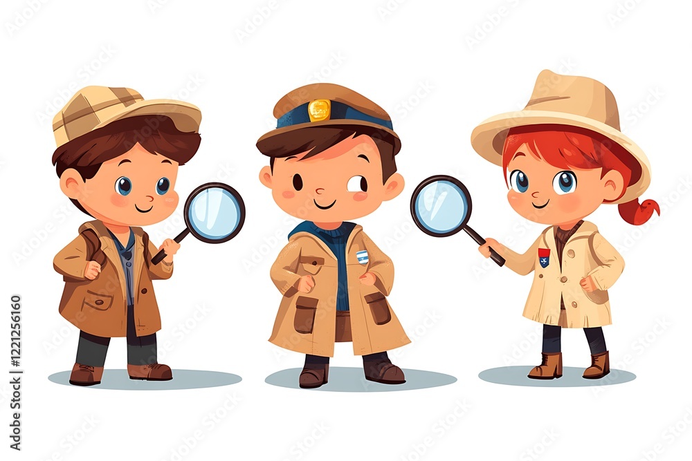 Cute cartoon children dressed as detectives with magnifying glasses ...