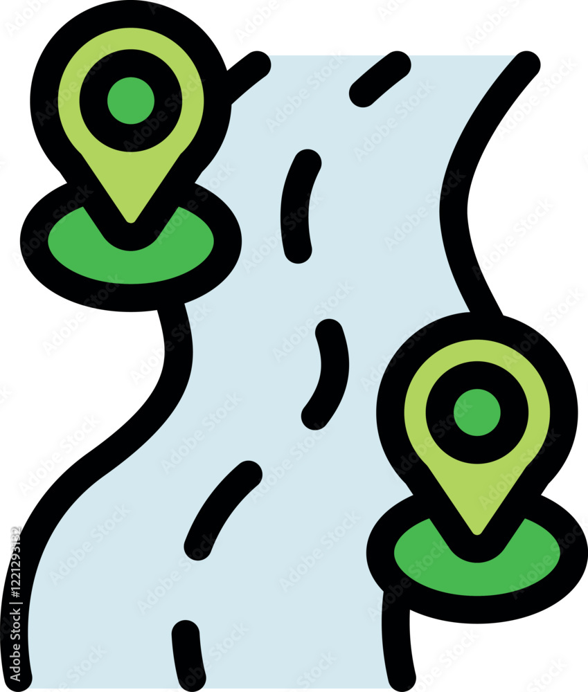 Two location pins mark the start and end points of a route on a ...