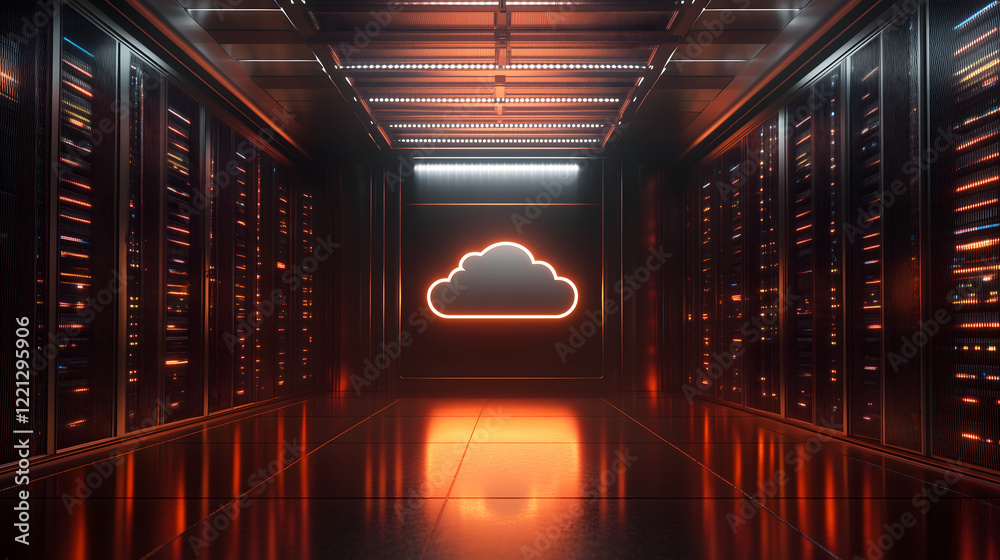cloud icon reflecting light, placed in front of detailed server racks ...