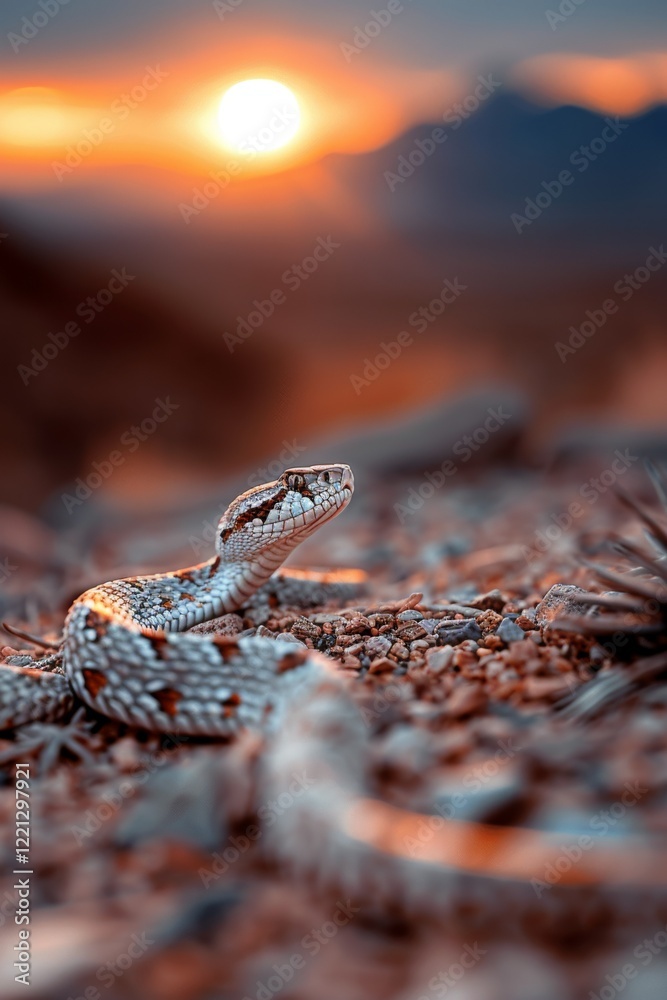 Rattlesnake in Desert: A western diamondback rattlesnake coiled on red ...
