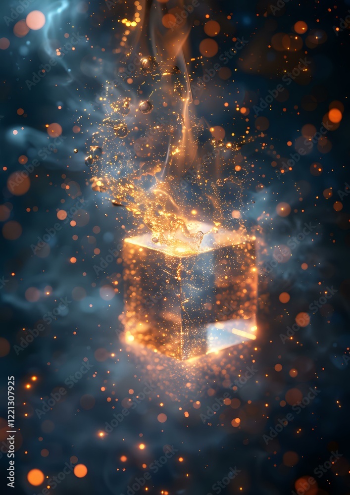 Magical glowing box exploding with golden light particles and sparks ...