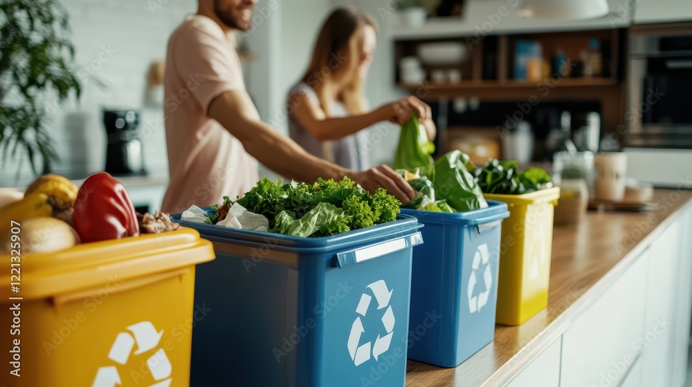 Family separates waste into labeled bins in their modern kitchen ...