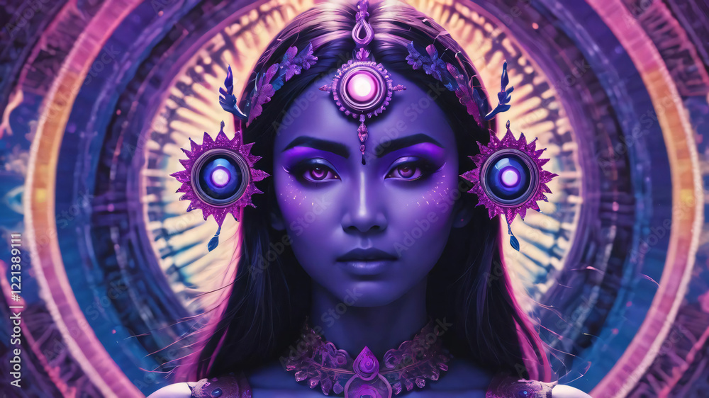 A young woman with black hair and purple skin had a third eye in the ...