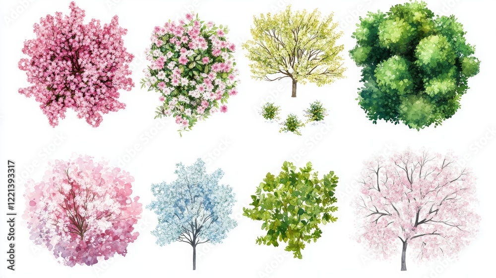 Vector set of spring blossom tree blooming plants top view for ...