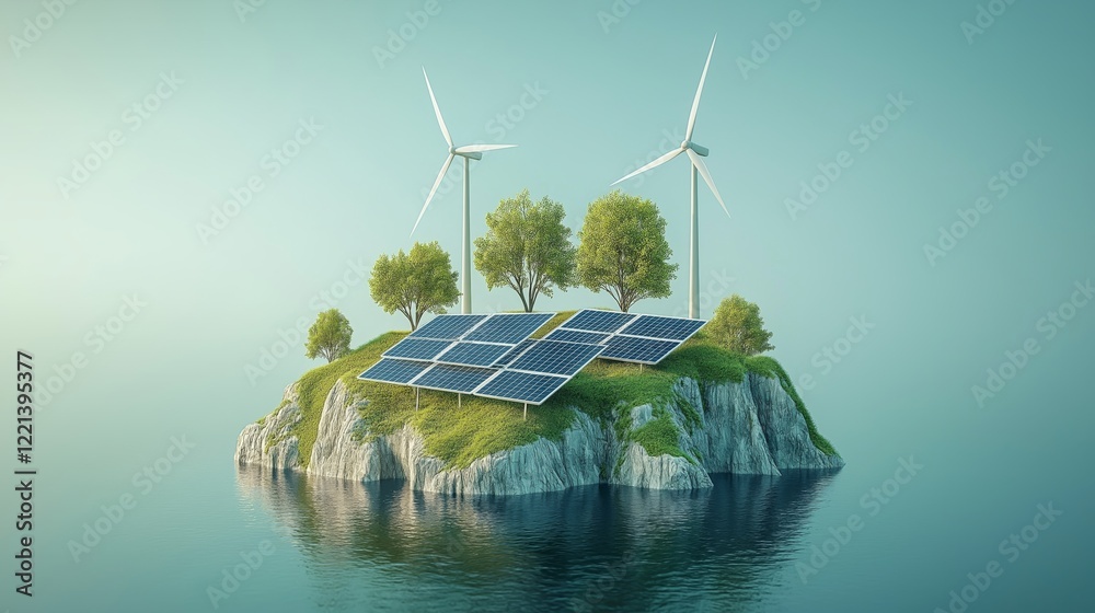 Renewable energy island featuring solar panels, wind turbines, and lush ...