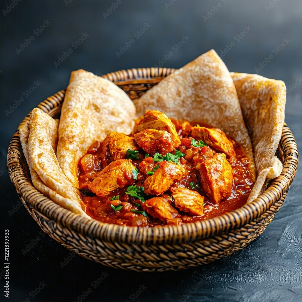Ethiopian doro wat spicy chicken stew with injera bread in a woven ...