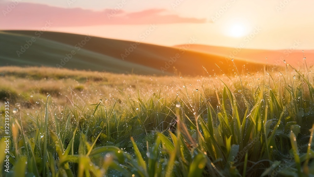 Golden Hour Meadow: A breathtaking panorama of rolling hills bathed in ...