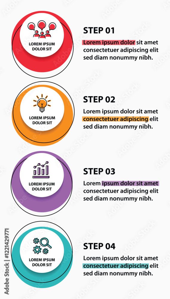 4 steps infographic template with 4 options. Flowchart that can be used for business report ...