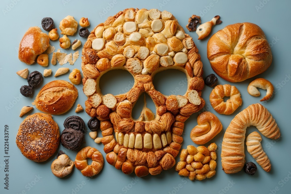 Variety of bread and pastry arranged in skull shape on blue background ...
