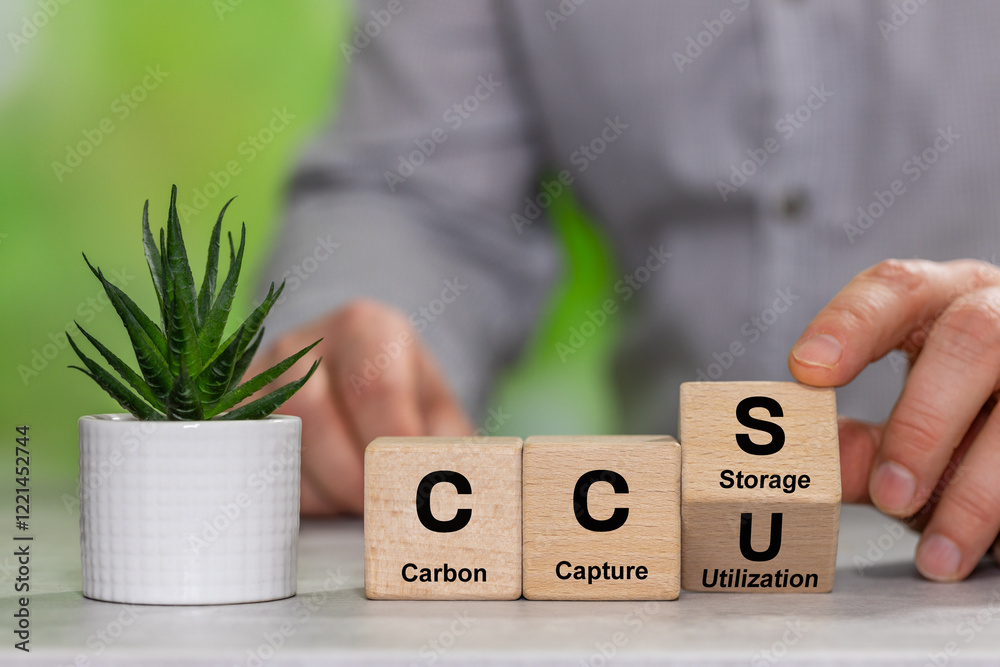 Wooden cubes form the symbol CCS (carbon capture storage) and CCU ...
