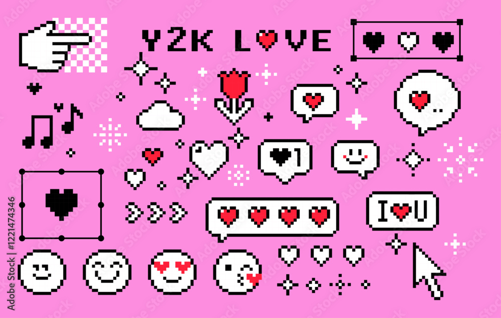 Y2k pixel art icon set with hearts, smile face and speech bubbles. Mood ...