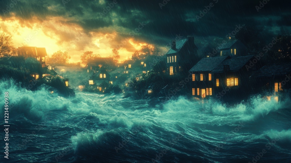 storm surge flooding seaside village, glowing vibrant background ...