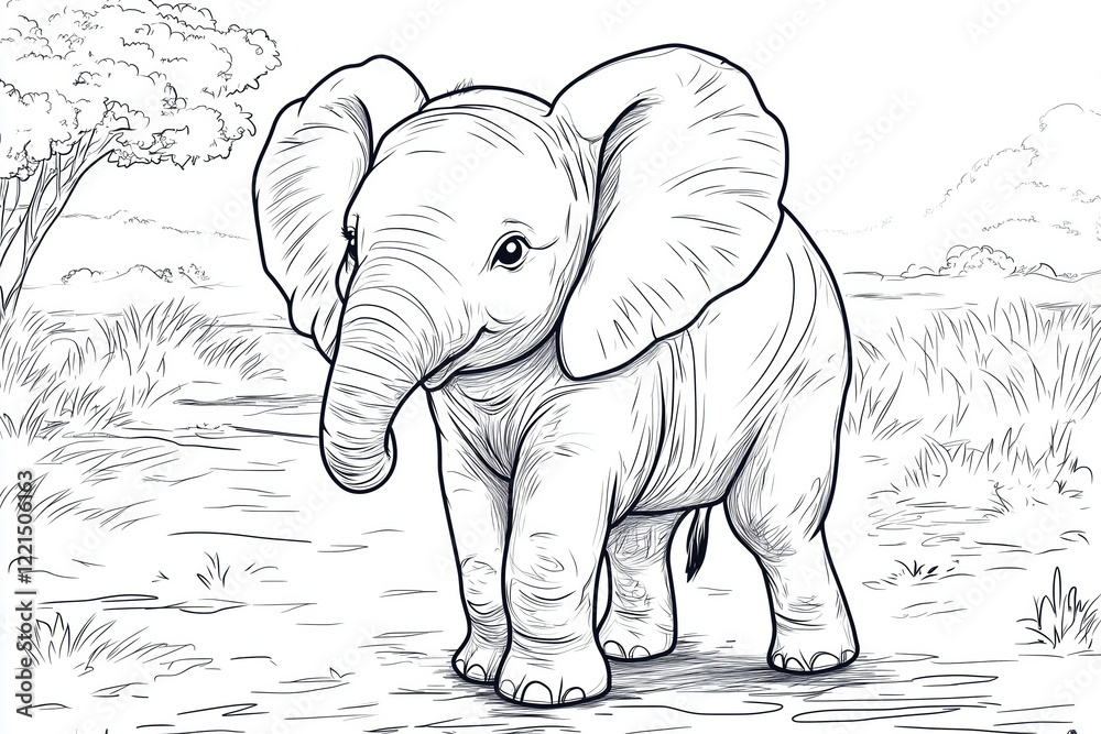 Easy elephant drawing with bold lines and raised trunk for coloring ...