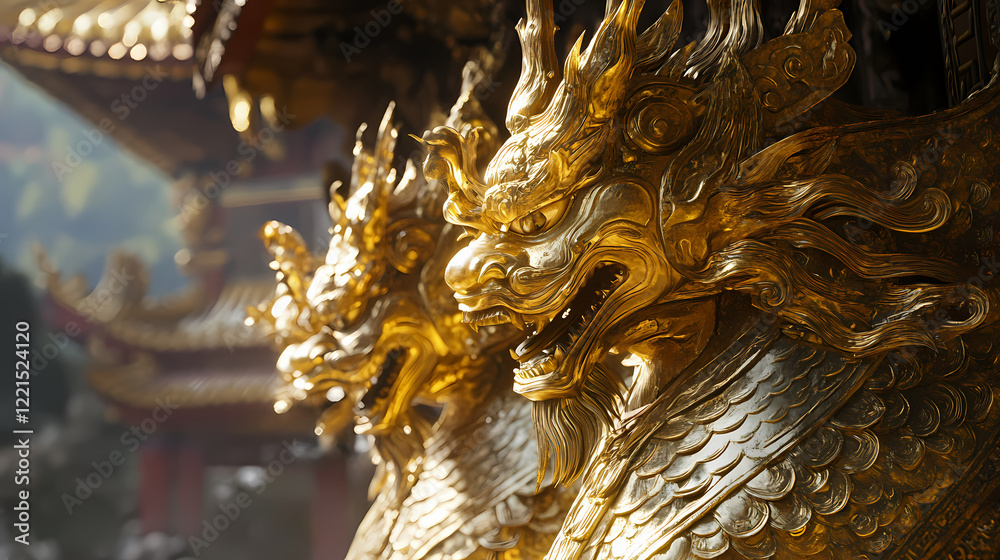 Golden statues of mythical creatures in ancient temple showcase ...
