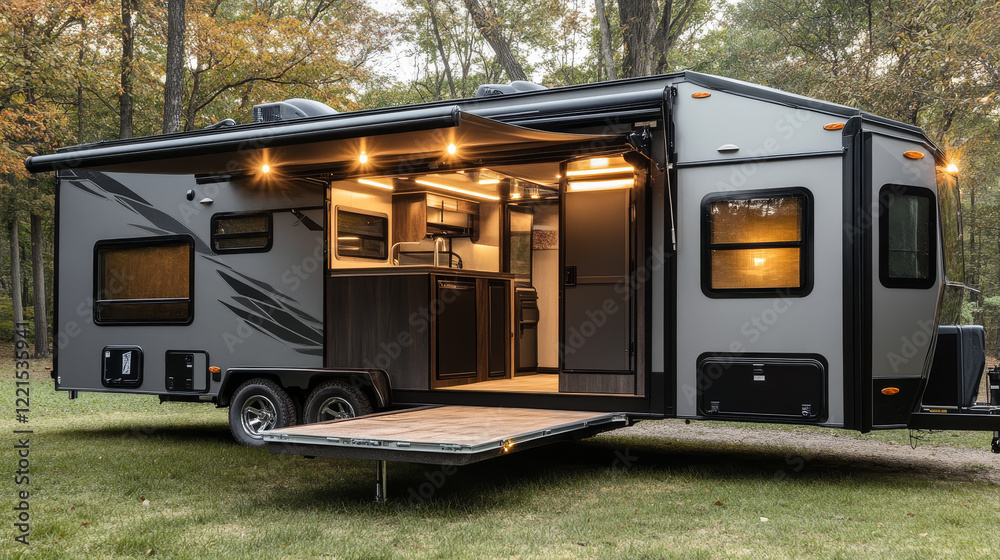 "Side view of a camper trailer with the slide-out extended, showcasing ...
