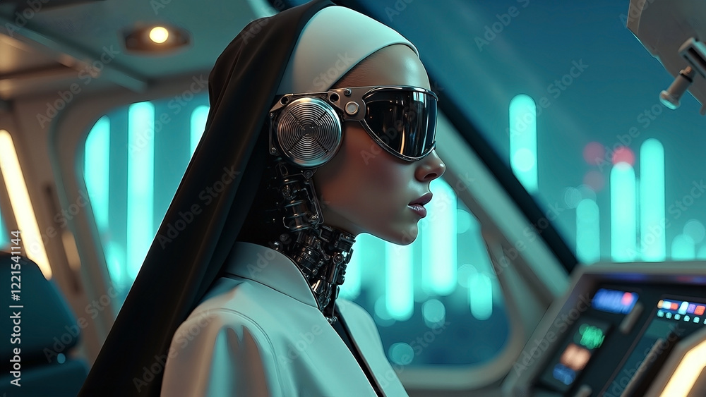 Foto de Stock Robotic holy nun fantasy illustration, futuristic sci-fi humanoid robot | Adobe Stock