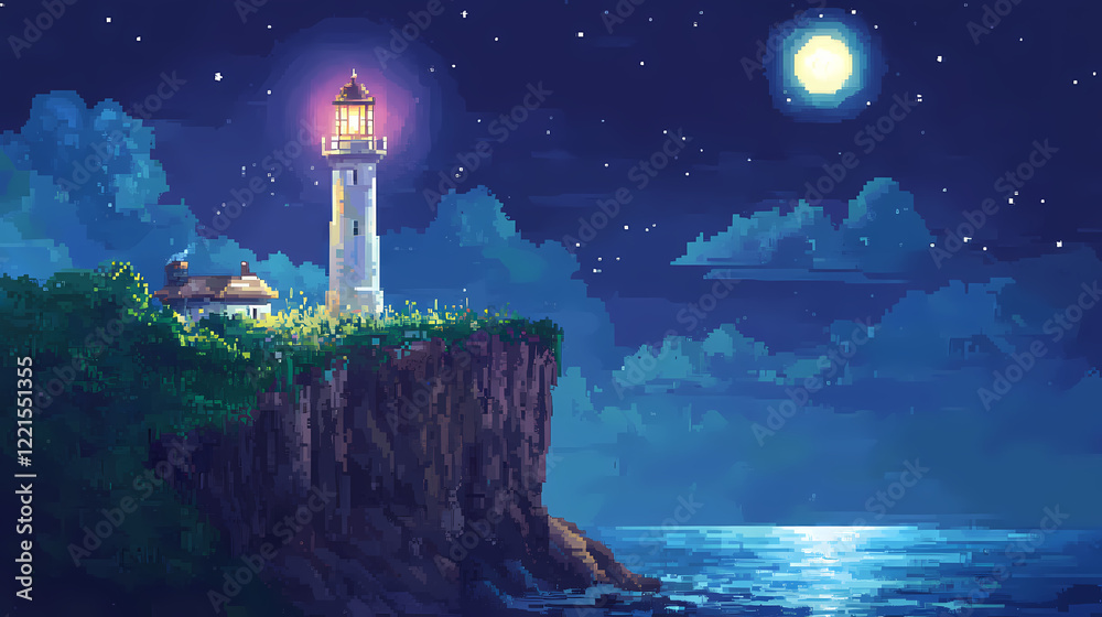 Lighthouse on cliff at night with bright star in sky; pixel art for ...