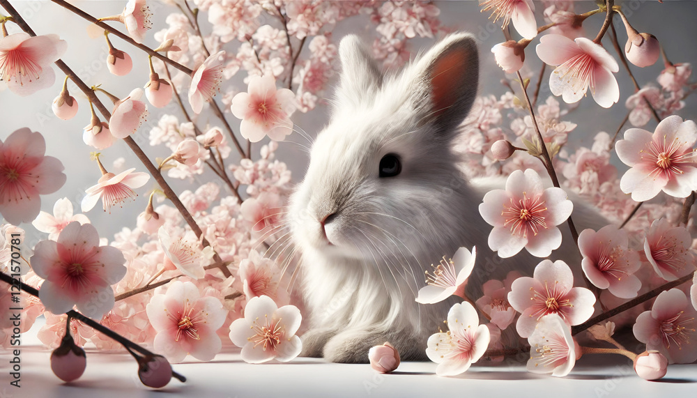 Adorable White Rabbit Among Blooming Pink Cherry Blossoms – Springtime ...