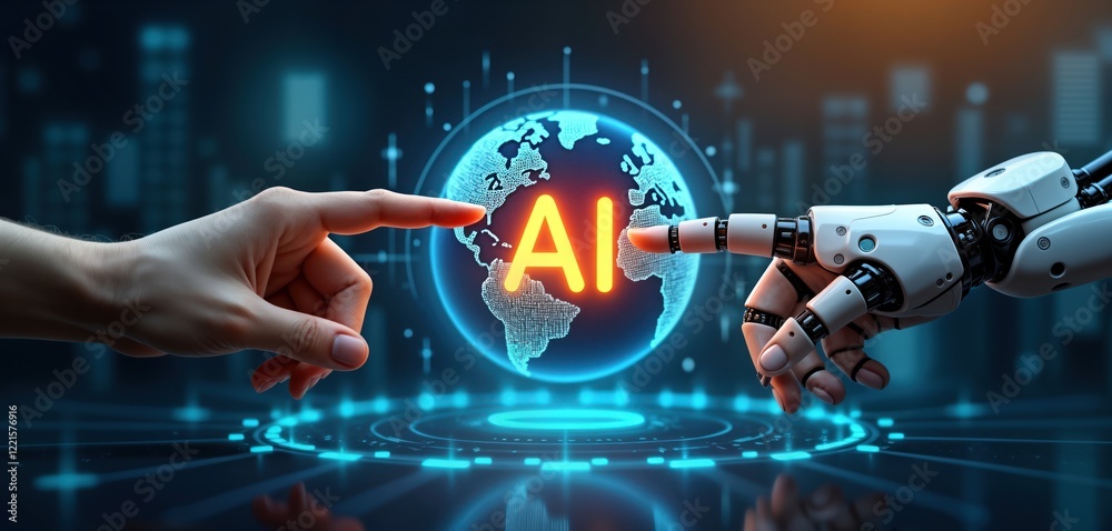 Human hand, robot hand interact with digital representation of AI on global scale. Advanced tech ...