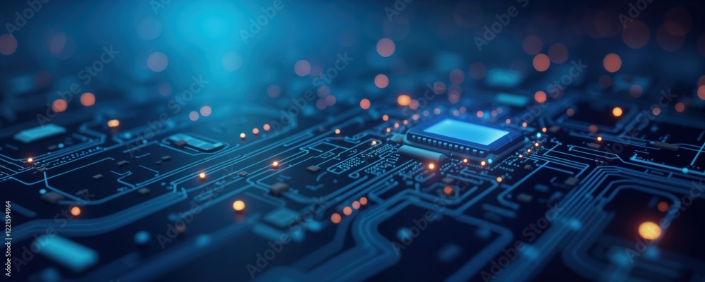 Abstract tech background shows circuit board pattern with glowing dots ...