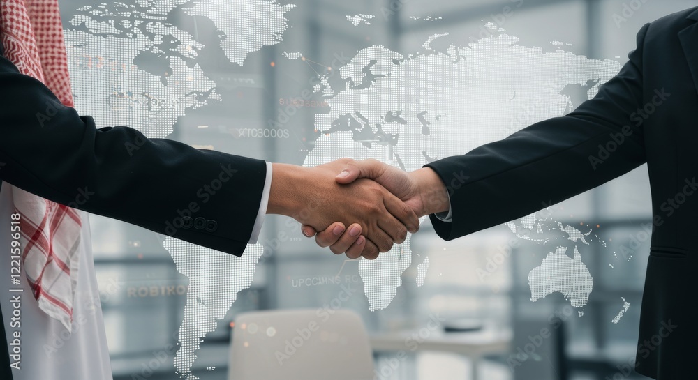 Handshake with map of the world in background, business man handshake ...