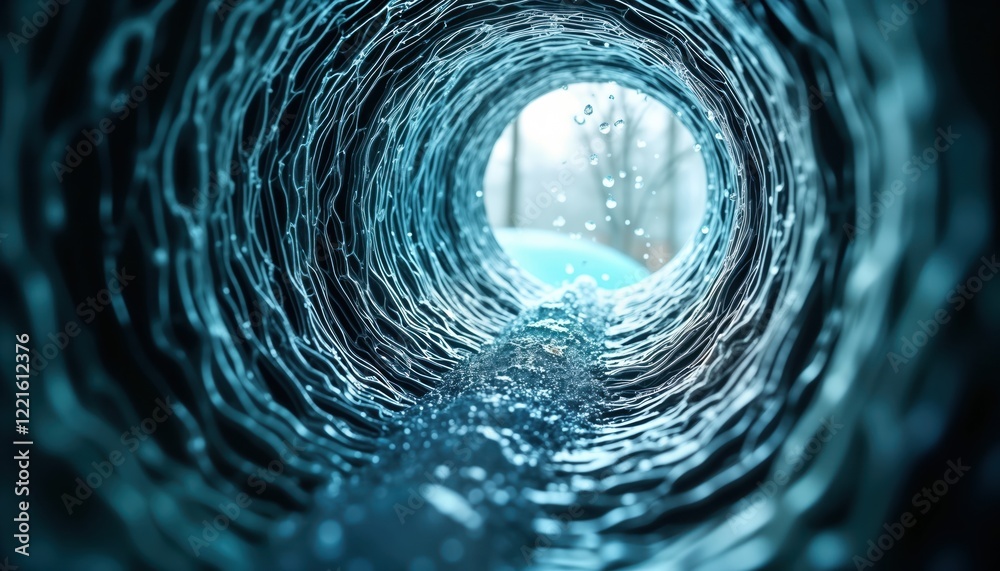 Water flows inside modern pipe tunnel. Water droplets visible in motion ...
