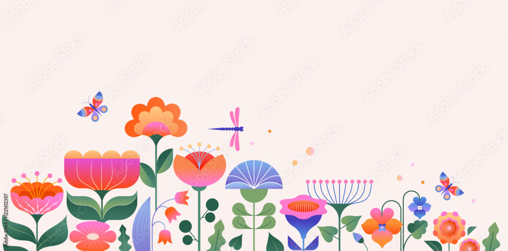 Background and banner decorated with pastel colors blooming flowers and ...