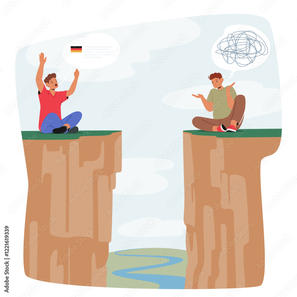 Young people confused cartoon characters having problem in different ...