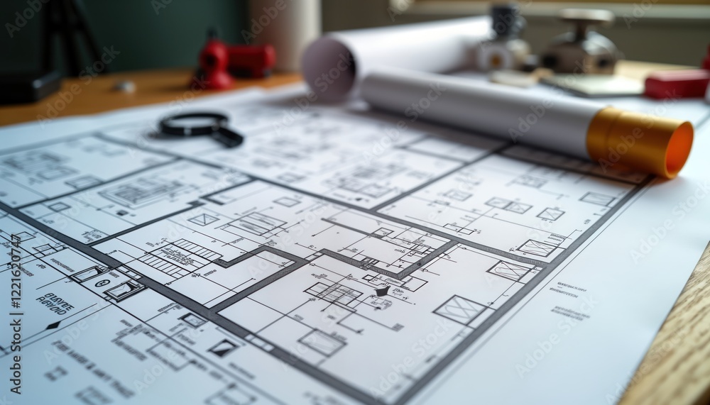 Architectural blueprints show home floor plan with fire safety tech ...
