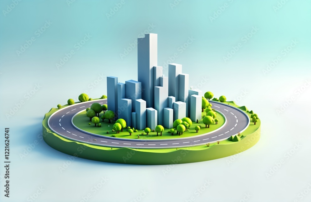 Circular island city landscape with highway around. Simple 3D model ...