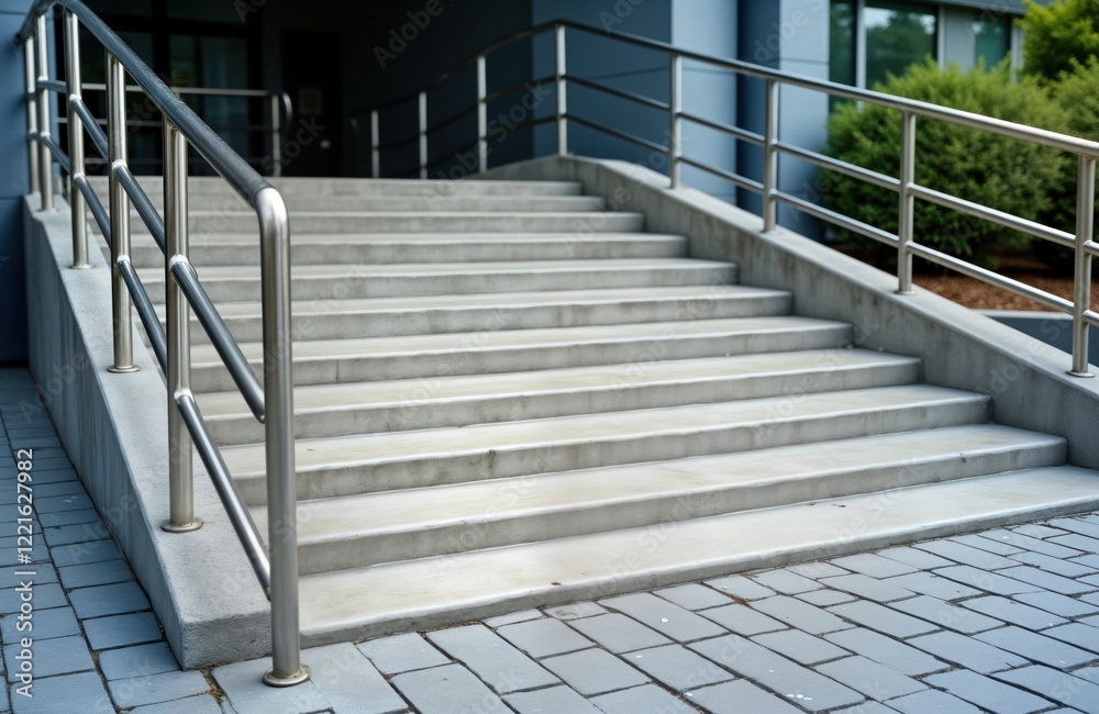 Exterior view of building ramp with concrete steps, stainless steel ...