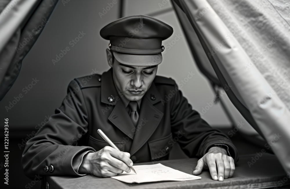 Soldier sits in tent writing letter. Focused on personal side of war ...
