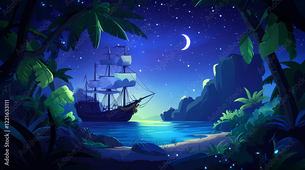 Majestic pirate ship anchors in enchanted tropical cove under starry ...
