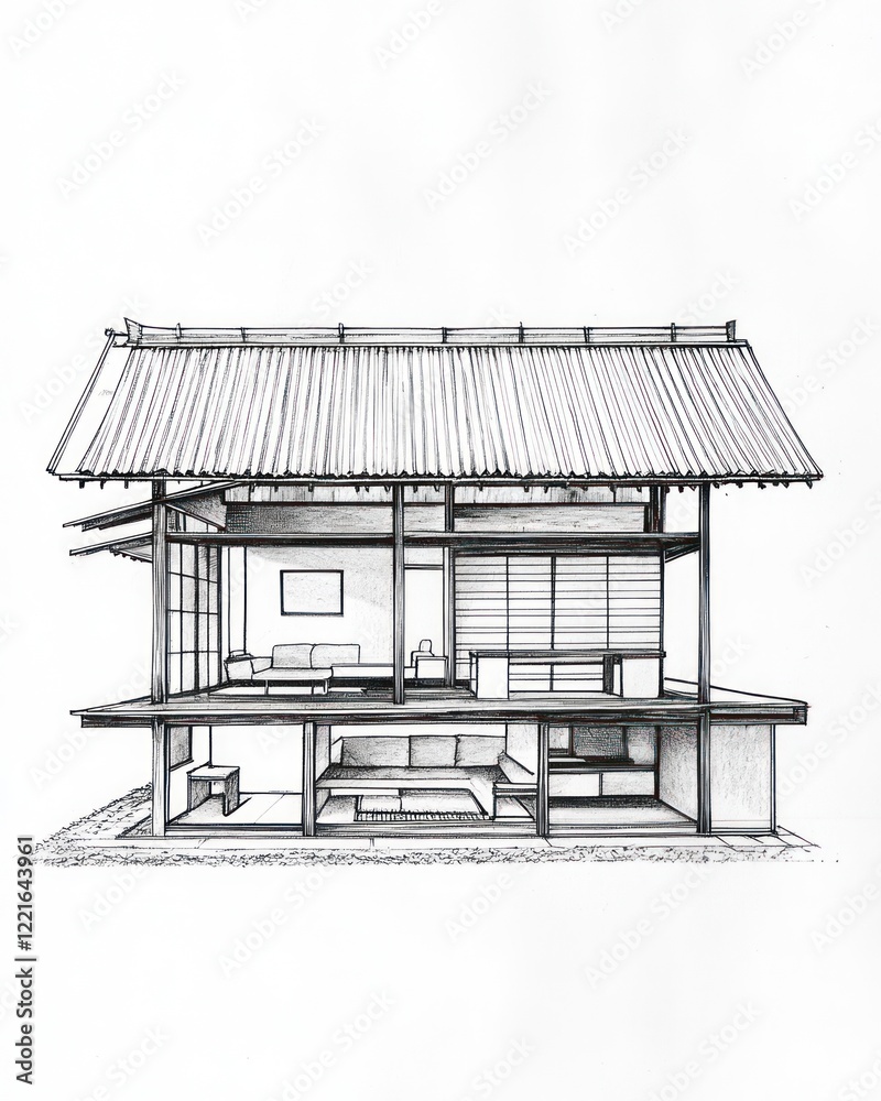 Architectural Drawing of a Japanese Style House Stock Illustration ...