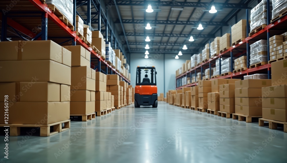 Warehouse interior shows stacks of cartons on pallets. Product picking ...