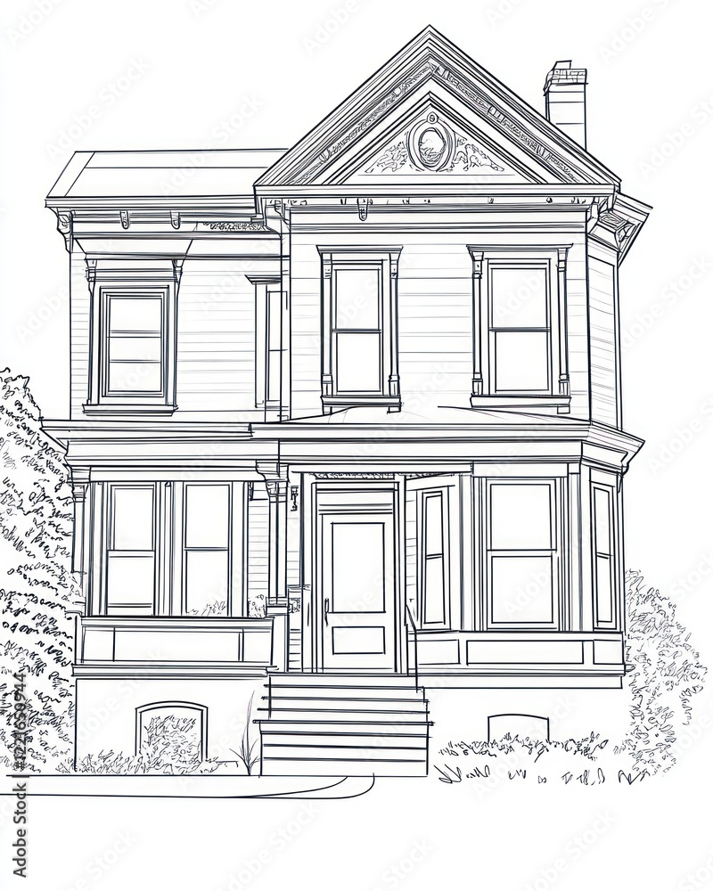 Victorian Era House Architectural Line Drawing Stock Illustration ...