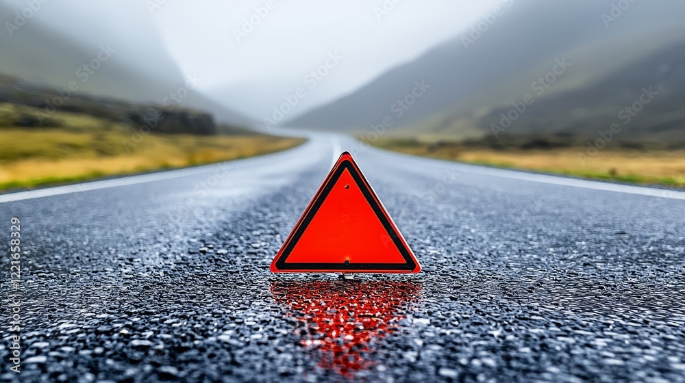 Close-up of a triangular road sign warning of a curve, with prominent ...