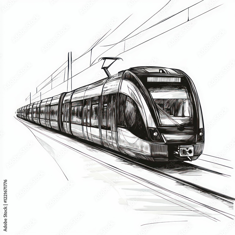 modern tram moving on tracks in an urban street setting line art sketch ...