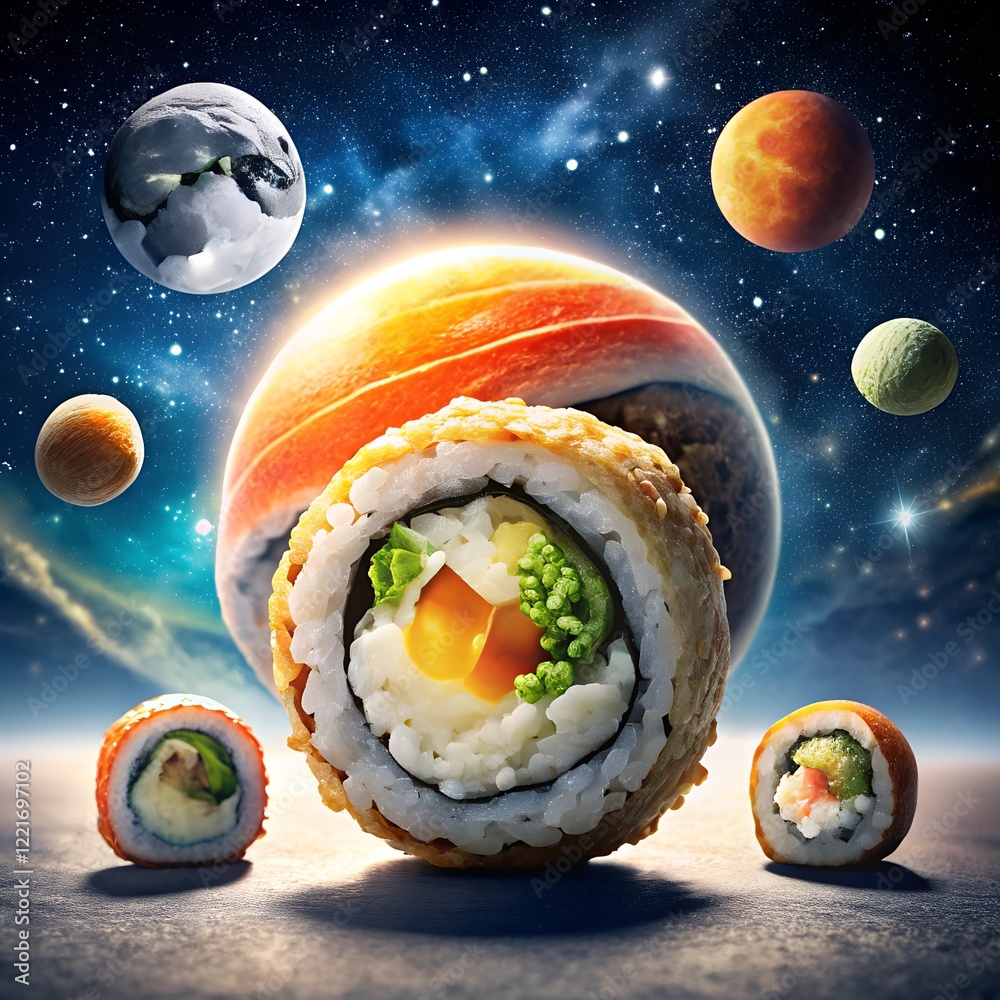 Ilustración de Stock Rolls Sushi Fast food Space Cosmos Background ...