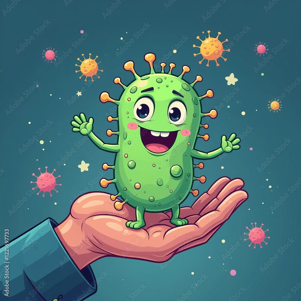 Cartoon drawn smiling bacteria on hand. beneficial microbes, probiotics ...