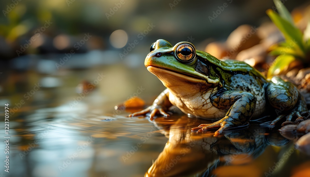 Ultra-realistic scene of a brown and green frog sitting by a riverbank ...