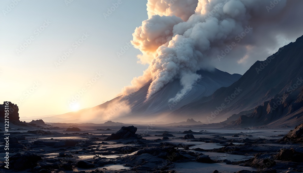 Hyper-realistic image of an active volcano in the early morning light ...