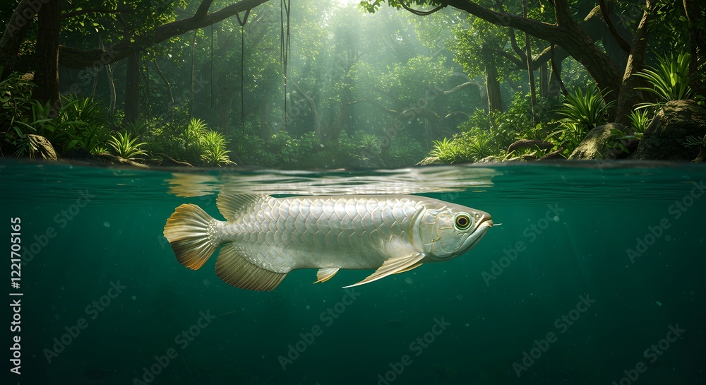 Hyper-realistic image of a majestic silver arowana swimming in a ...