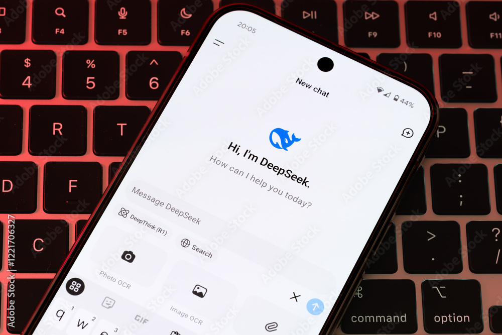 DeepSeek AI interface is seen on the smartphone placed on laptop ...