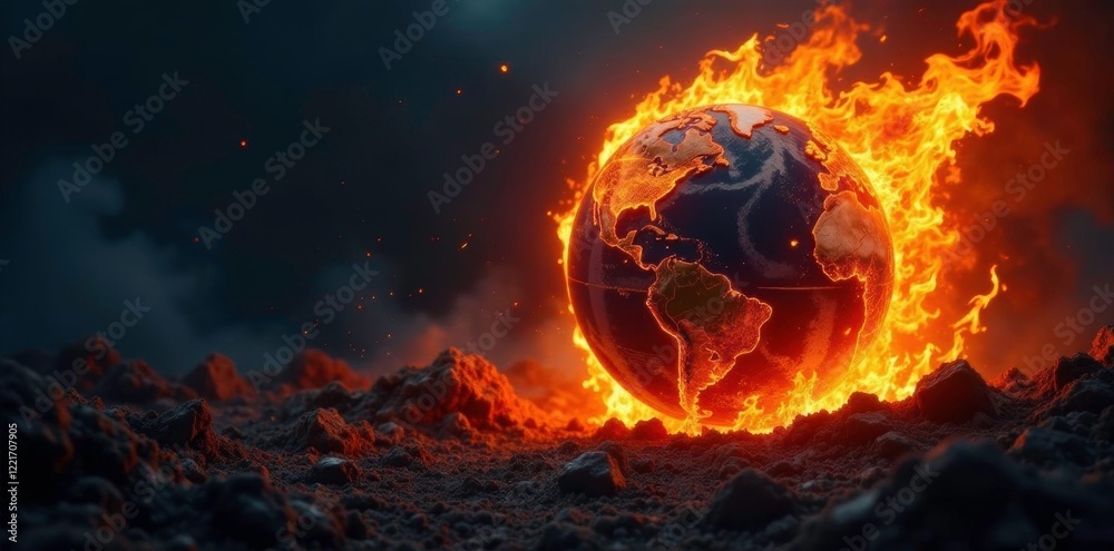 Inferno engulfing a burning globe as flames lick at its surface ...