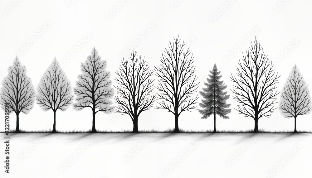 Side view of various trees. Different tree types, sizes shown. Simple ...